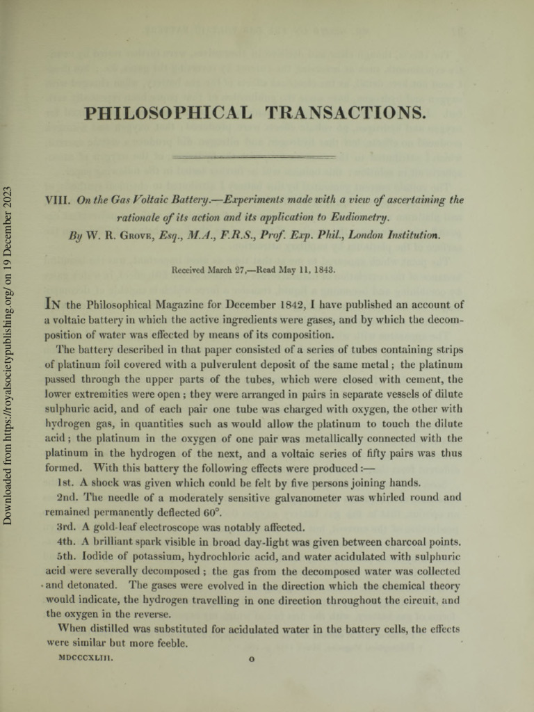 Grove 1997 VIII On The Gas Voltaic Battery Experiments Made With A View ...