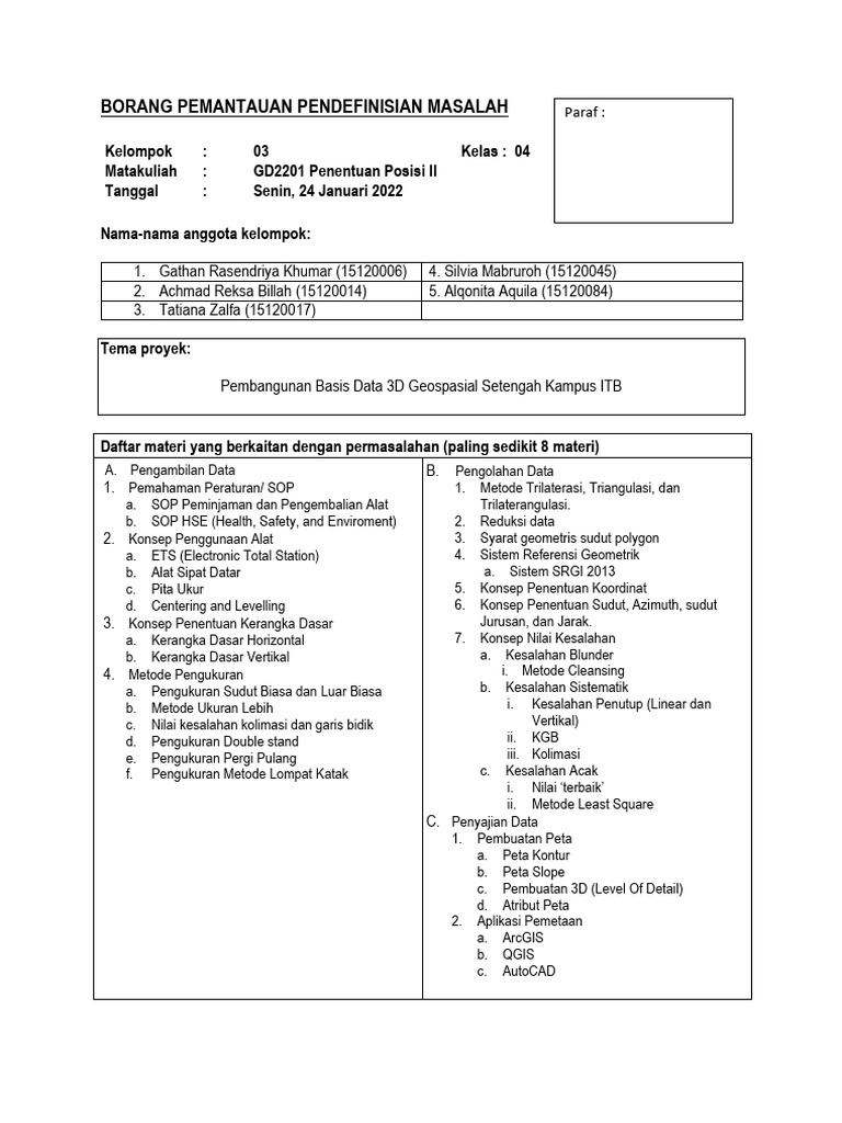Borang Pendefinisian Masalah Kelompok 3 K04 | PDF | Metode & Bahan Ajar | Sains & Matematika