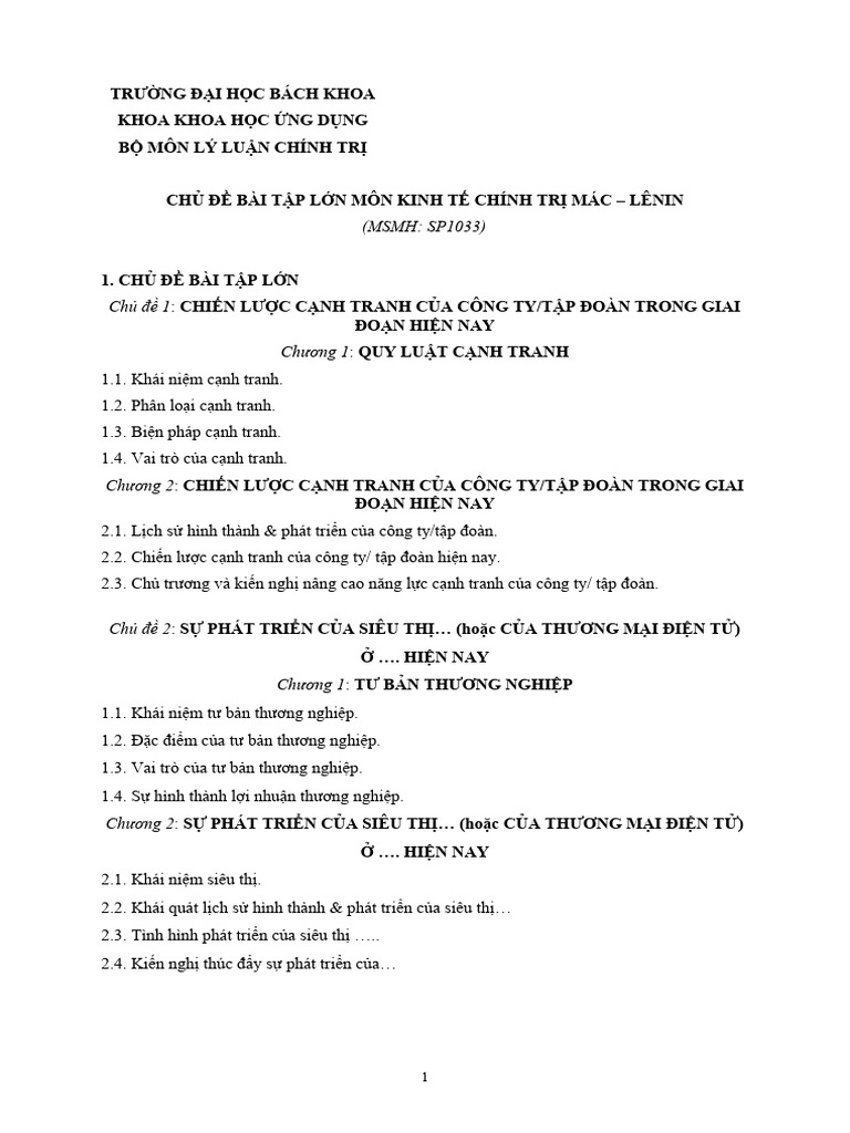 BK232 - Chủ Đề Và Hướng Dẫn Làm BTL Môn KTCT | PDF