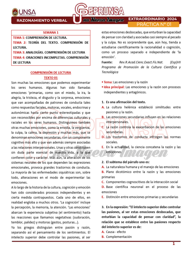 p1 Raz. Verbal - Extraordinario 2024 | PDF | Las emociones | Cociente de inteligencia