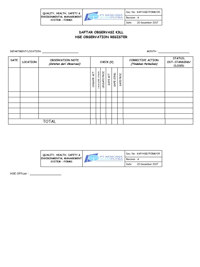 KAP - HSE - FORM - 09 - HSE Observation Register | PDF | Safety | Labor ...