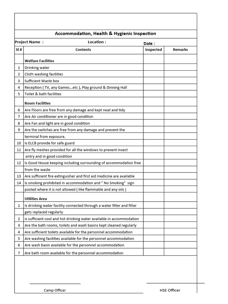 HSE Accommodation Inspection Checklist | PDF