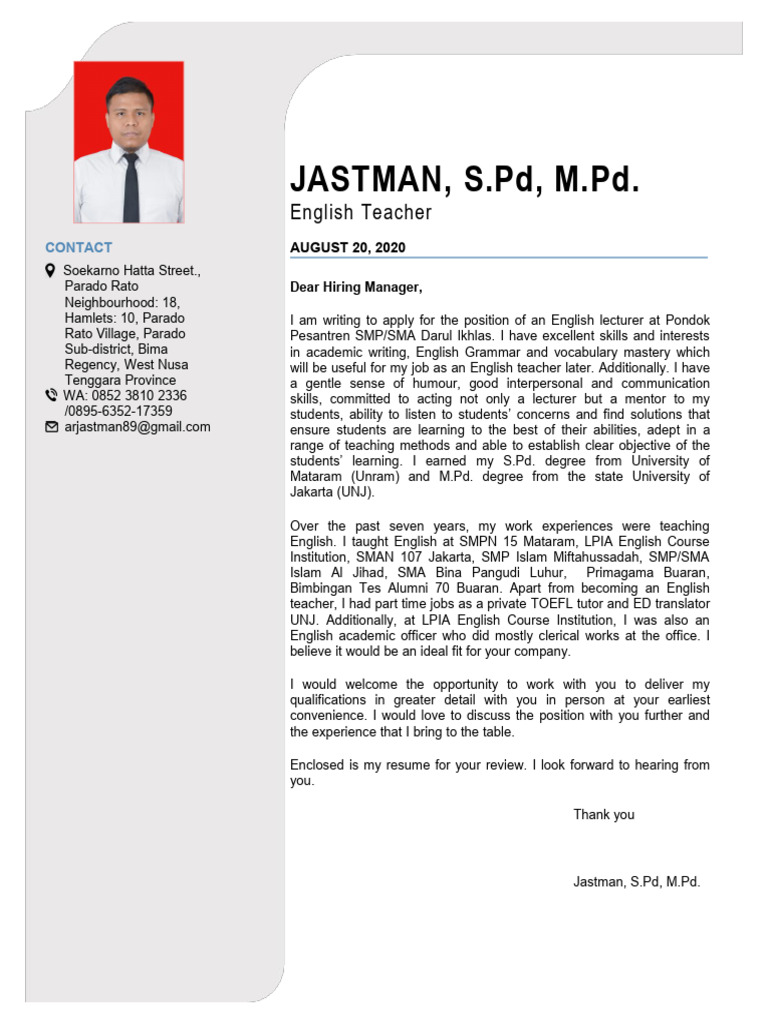 Cover Letter - English Teacher | PDF | Learning | Behavior Modification