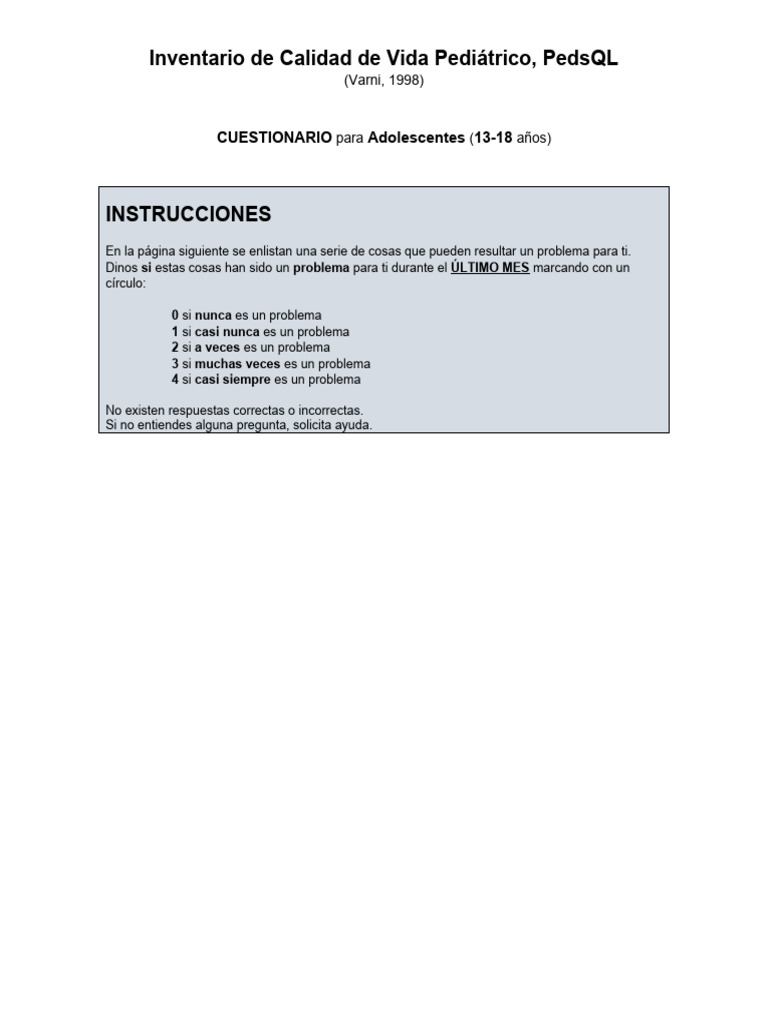 PedsQL - Cuestionario para Adolescentes Edad 13-18 | PDF
