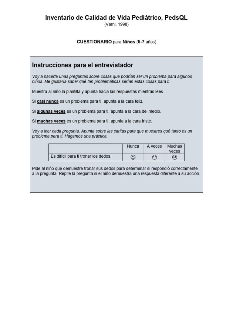 PedsQL - Cuestionario para Adolescentes Edad 5-7 | PDF