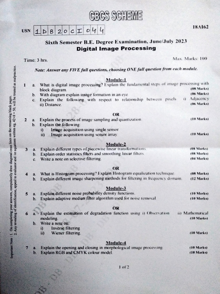 18ai62 Dip Jun Jul 2023 QP | PDF | Image Segmentation | Rgb Color Model