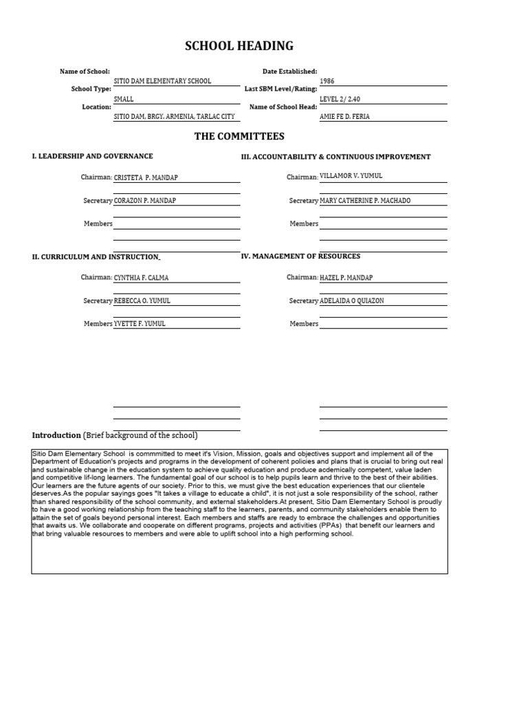 SBM Tool Self Assessment SY 2022 2023 SDES | PDF | Learning | Governance