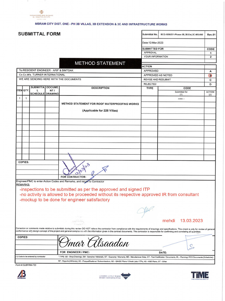 MS-060 Rev.01 - Method Statement For Roof Waterproofing Works - 228 Villas | PDF