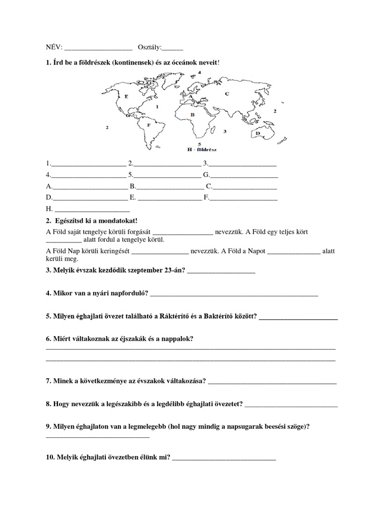 Osztály Teszt Földalak, Mozgásai, Óceánok, Kontinensek | PDF