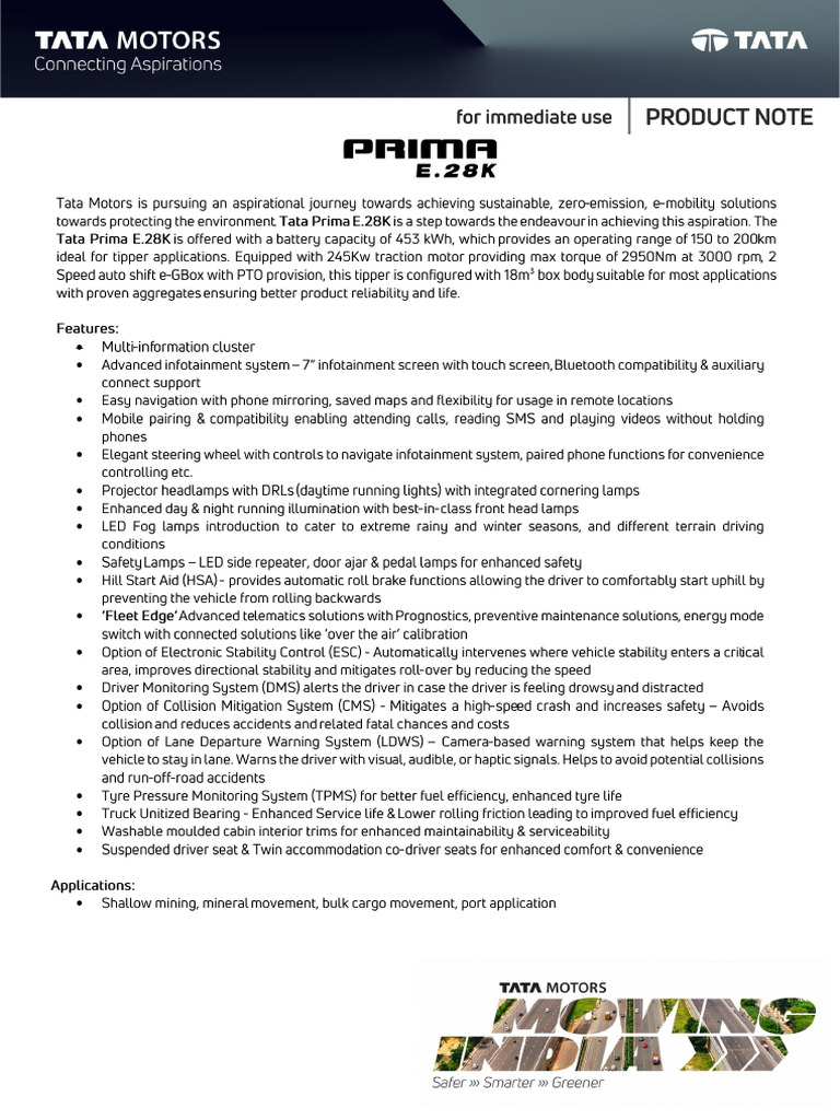 Product Note Tata Prima E.28K | PDF
