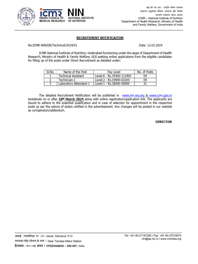 ICMR-NIN Job Openings 2024 | PDF | Government Of India | Medical And Health Organizations