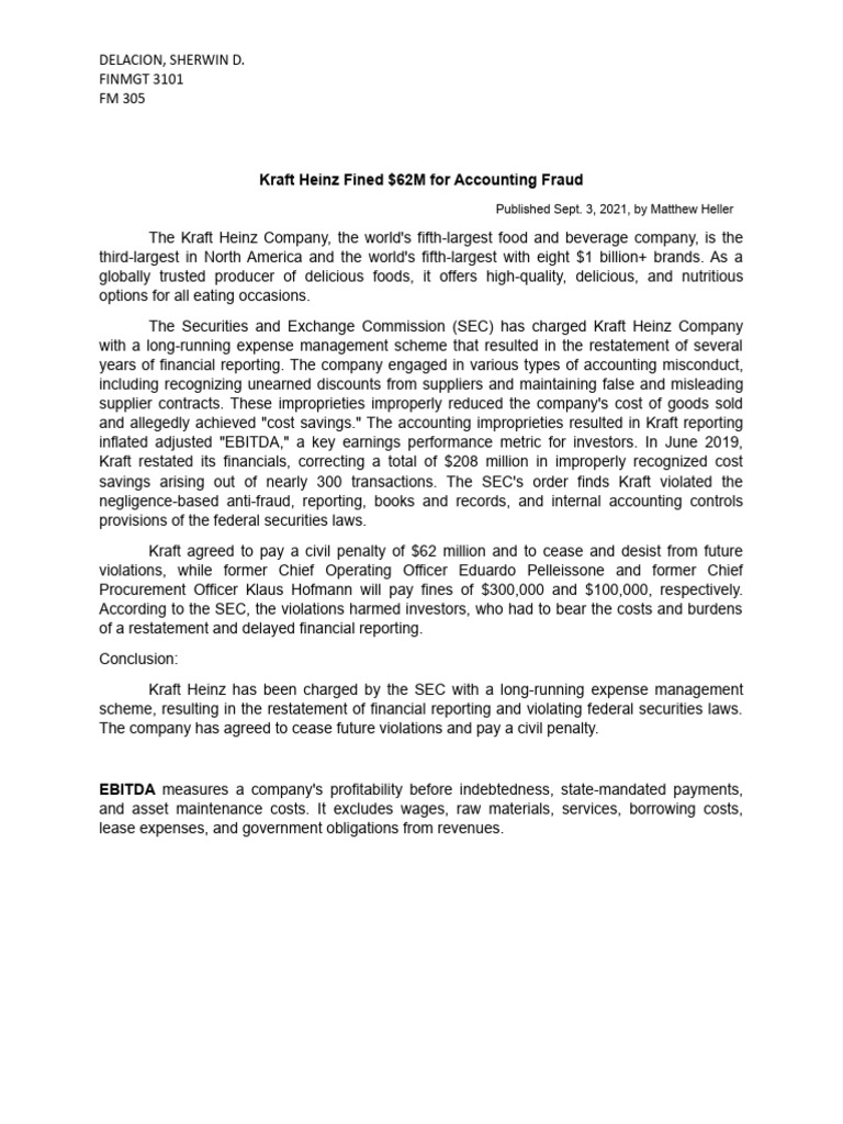 ACCOUNTING SCANDAL - Kraft Heinz Fined | PDF