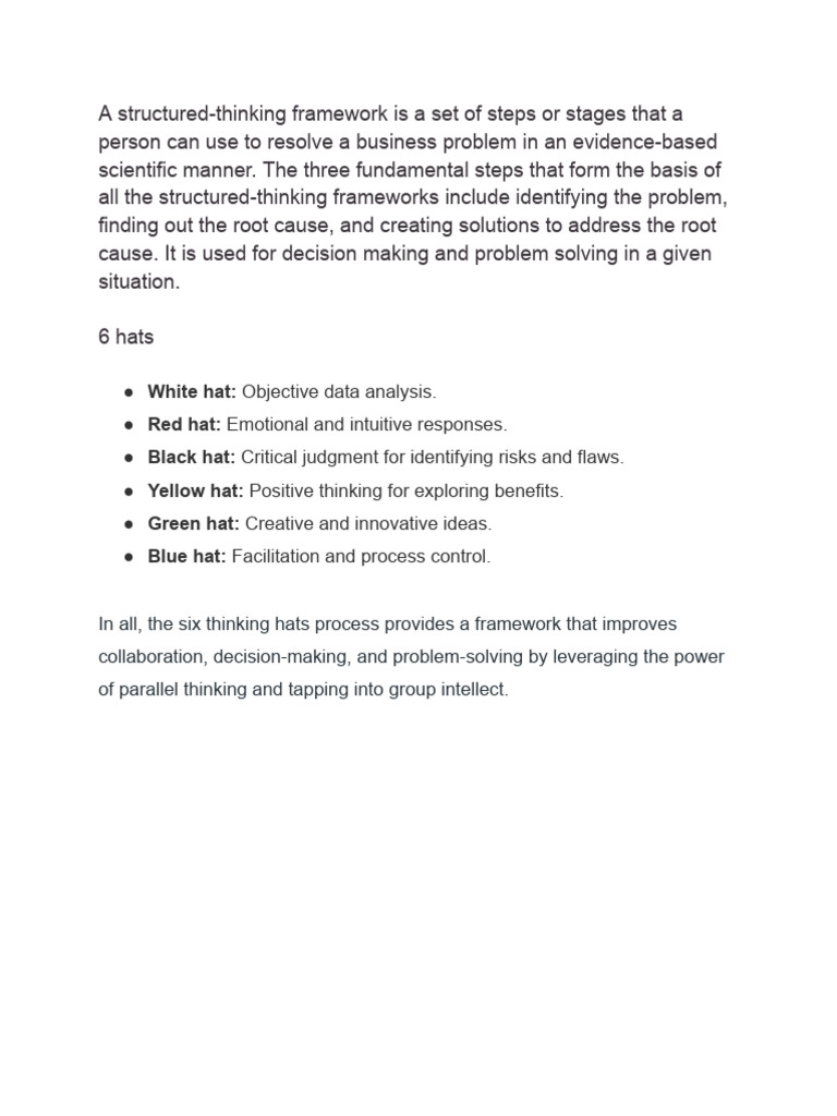 Six Thinking Hats Framework Explained | PDF