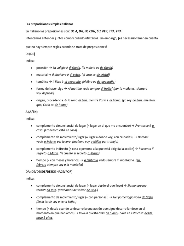 Las preposiciones simples italianas y ejercicios | PDF | Sintaxis ...