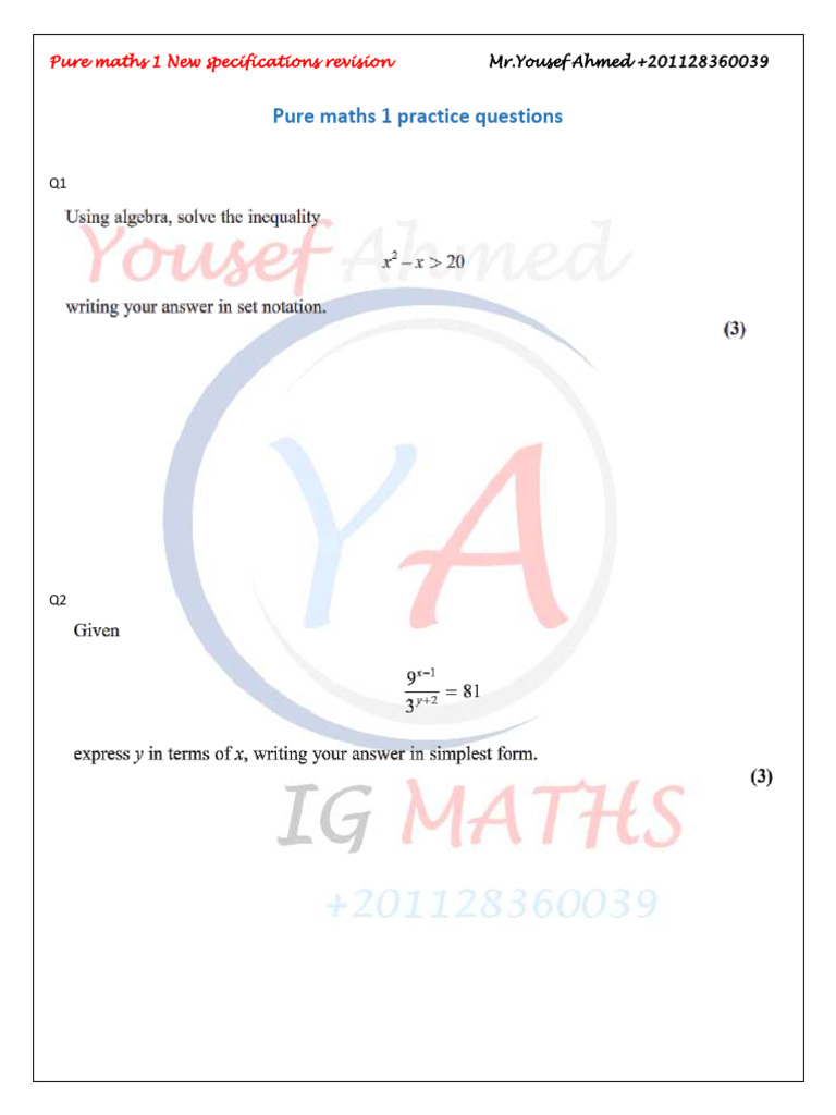 Pure Maths 1 Practice Questions | PDF