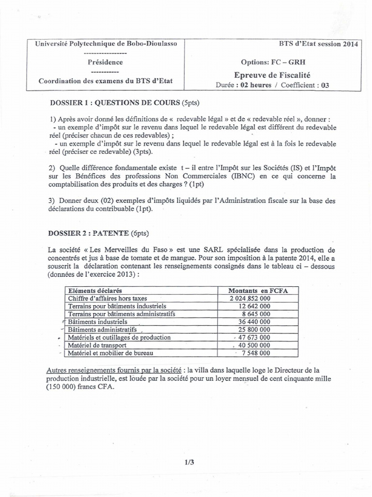 BTS 2014 - FC - GRH - Epreuve de Fiscalité | PDF