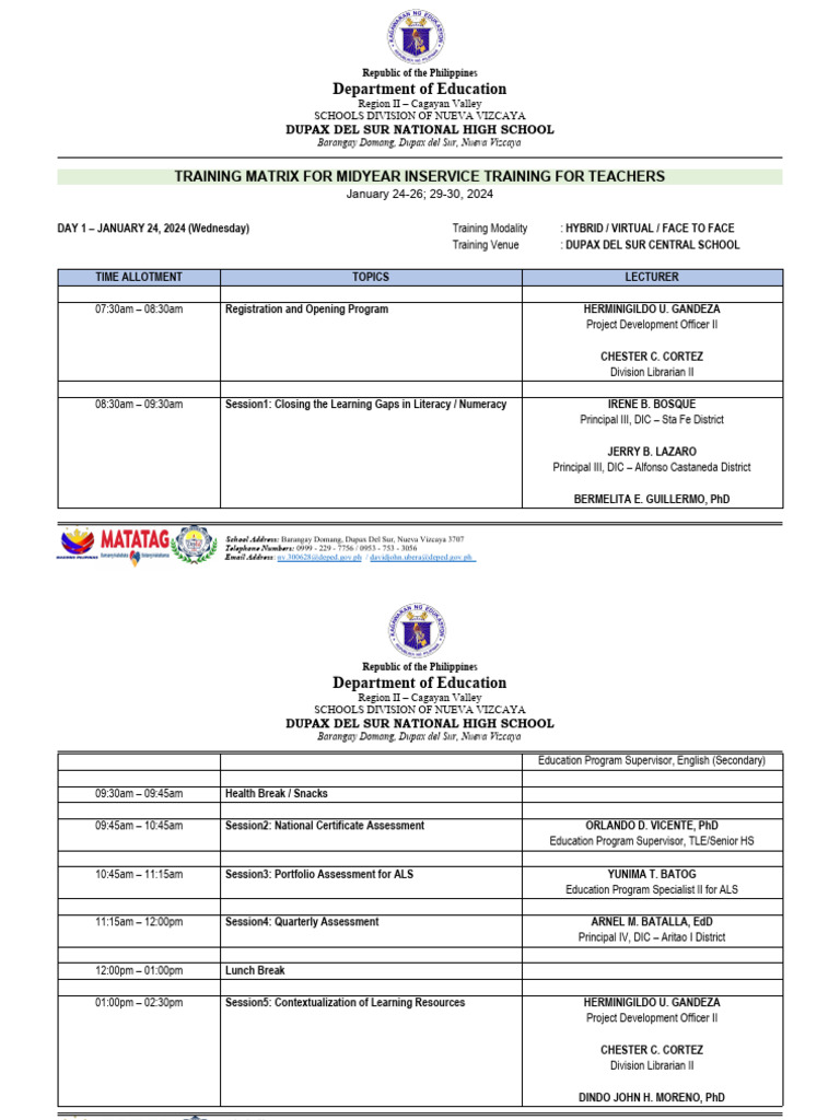 INSET 2024 Training Matrix | PDF | Differentiated Instruction | Cognitive Science