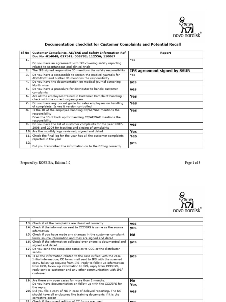 Documentation Checklist For Customer Complaints | PDF