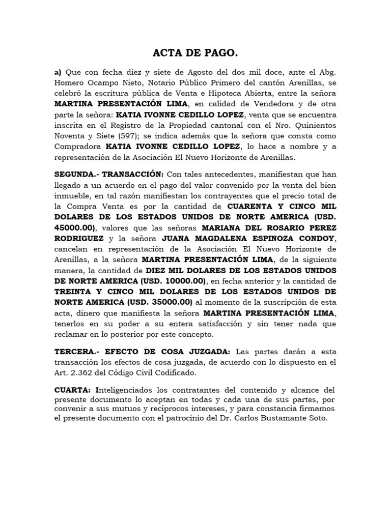 ACTA DE PAGO TITO | PDF | Pagos | Pagaré