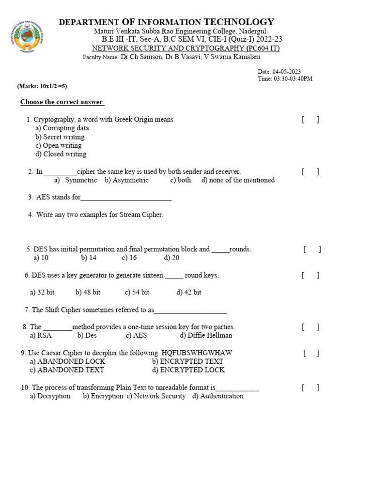 CNS Quiz Paper | PDF | Teaching Methods & Materials | Computers