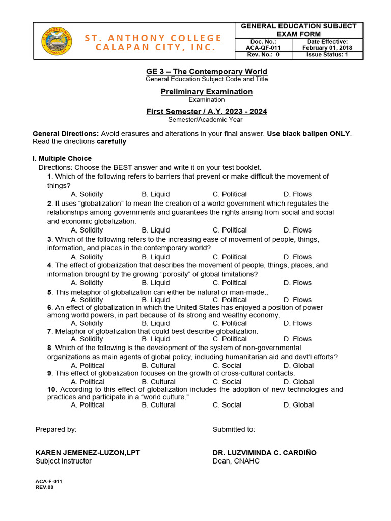 GE3 The Contemporary World Exam 1 | PDF | Globalization | Immigration