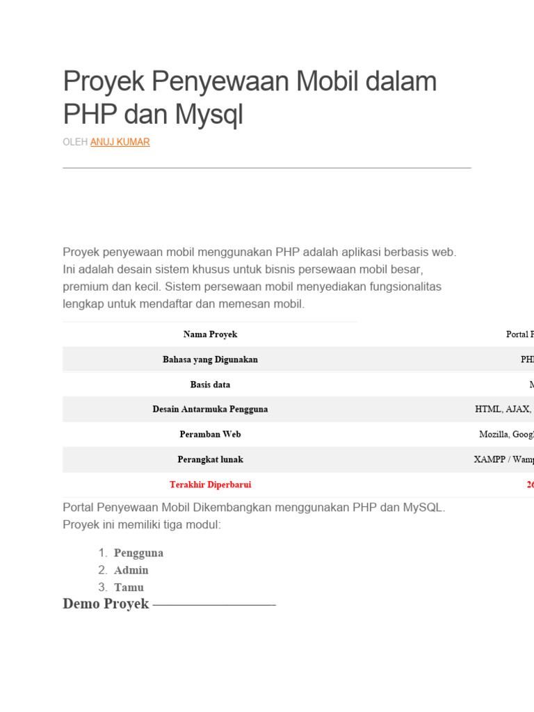 Portal Sewa Mobil PHP & MySQL | PDF