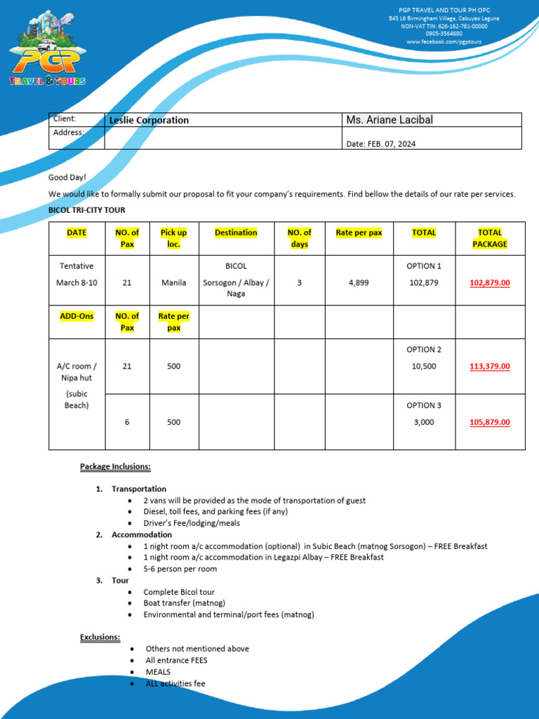 Bicol Tri City Tour For 21pax Revised | Download Free PDF | Transport