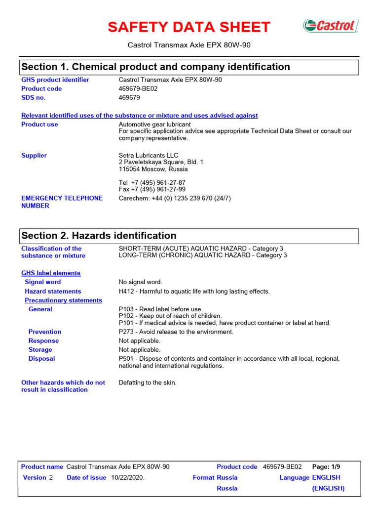 SDS Agitator Oil | PDF | Chemistry | Working Conditions