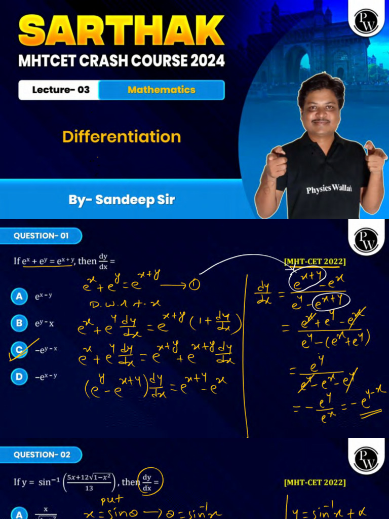 Differentiation 03 - Class Notes - Sarthak MHT-CET Crash Course 2024 | PDF