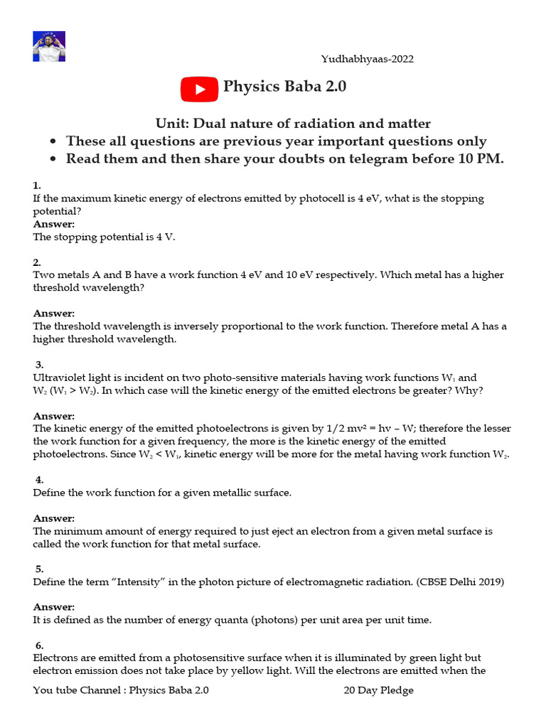 PYQ of Dual Nature of Radiation & Matter | Download Free PDF | Photoelectric Effect ...