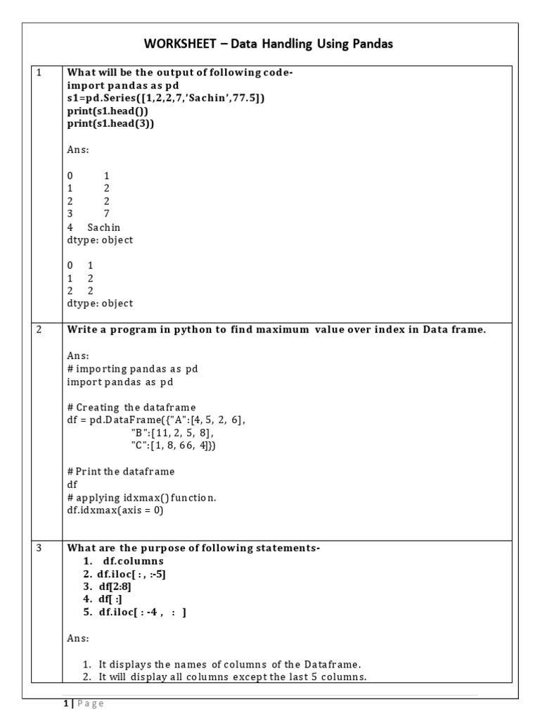 IP - Pandas 1 & 2 (Worksheet) Class 12 | PDF | Computing | Data