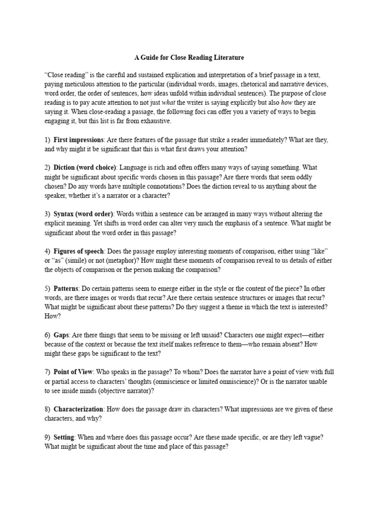 A Guide For Close Reading Literature | Download Free PDF | Narration ...
