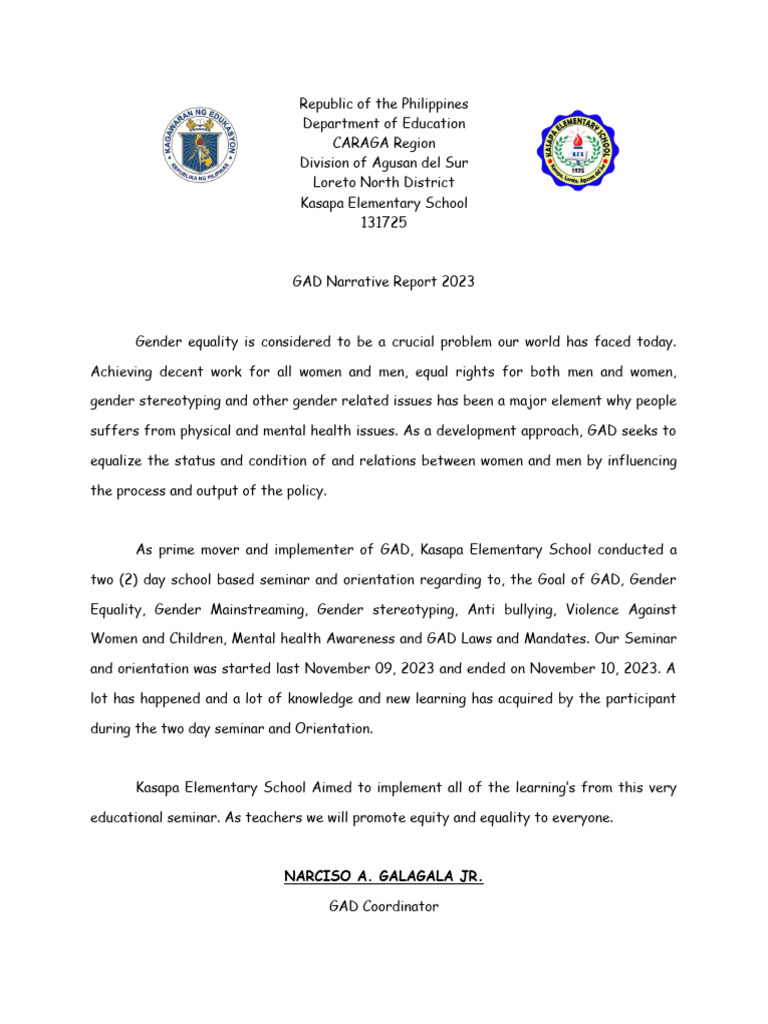 Kasapa ES, GAD Accomplishment Report 2023 | PDF | Gender | Gender Studies