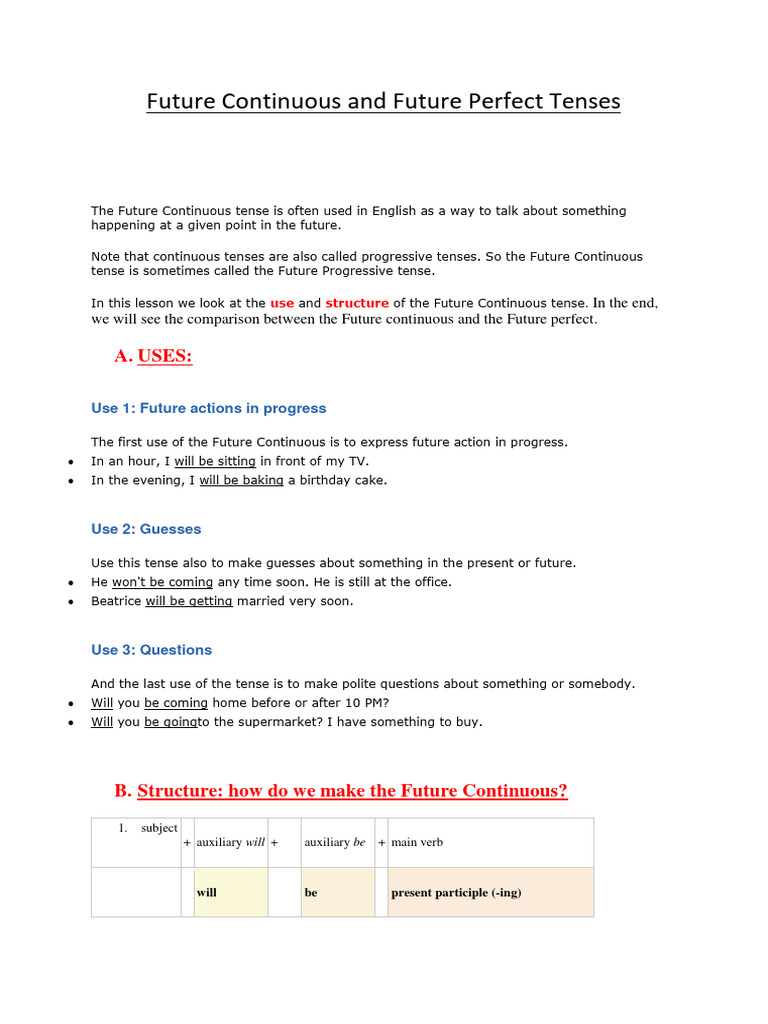 Future Continuous and F Perfect Tenses | PDF | Perfect (Grammar) | Linguistic Morphology