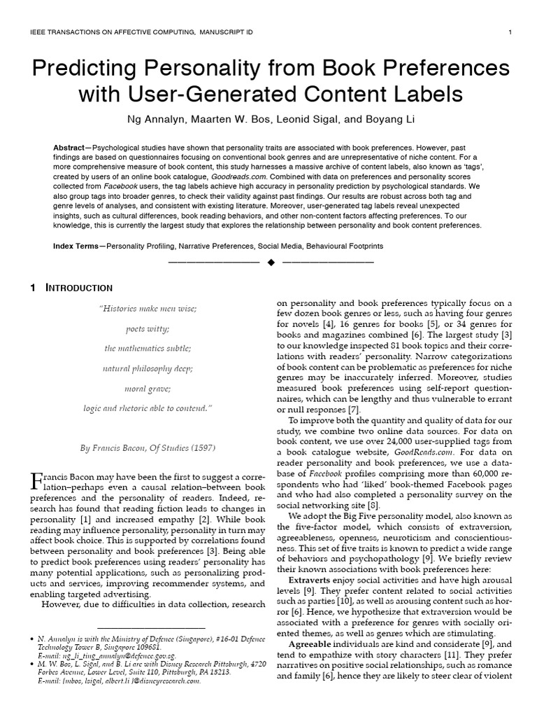 Predicting Personality From Book Preferences With User-Generated Content Labels | PDF | Cluster ...