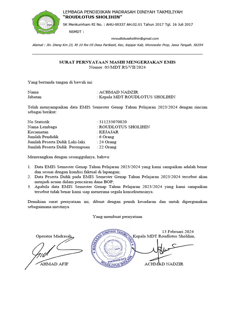 Format Surat Pernyataan EMIS 2024 | PDF
