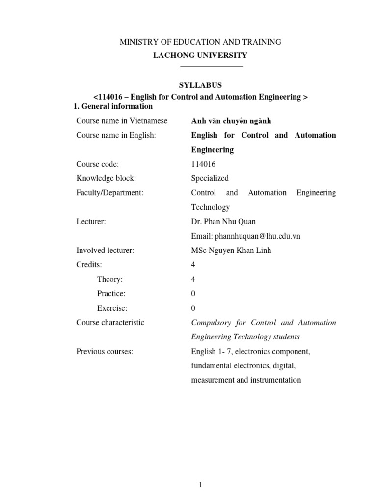 English For Control and Automation Engineering Syllabus | Download Free ...