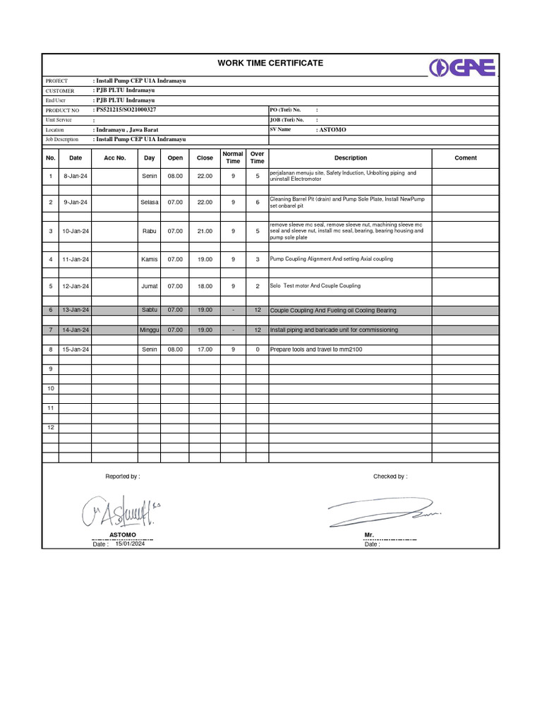Time Sheet Team Install Pump CEP UP Indramayu - Astomo | PDF | Pump | Tools