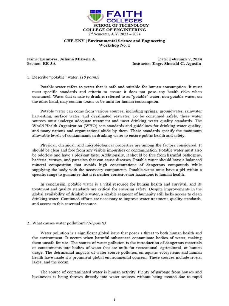 2S CHE-ENV Workshop 1 | PDF | Filtration | Sewage Treatment