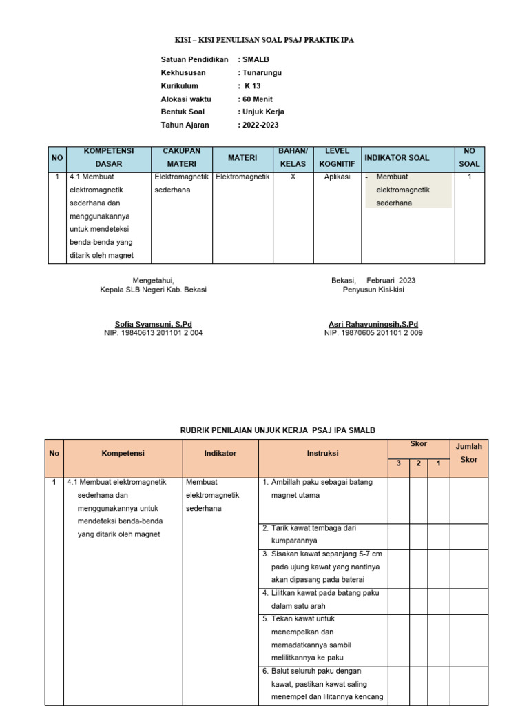 Kisi2 Dan Rubrik Us Ipa Smalb | PDF