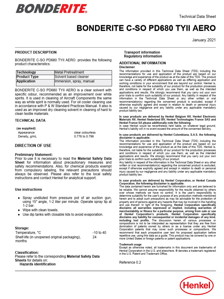 Solvent BONDERITE C-SO PD680 TYII AERO TDS | PDF | Legal Liability | Trademark