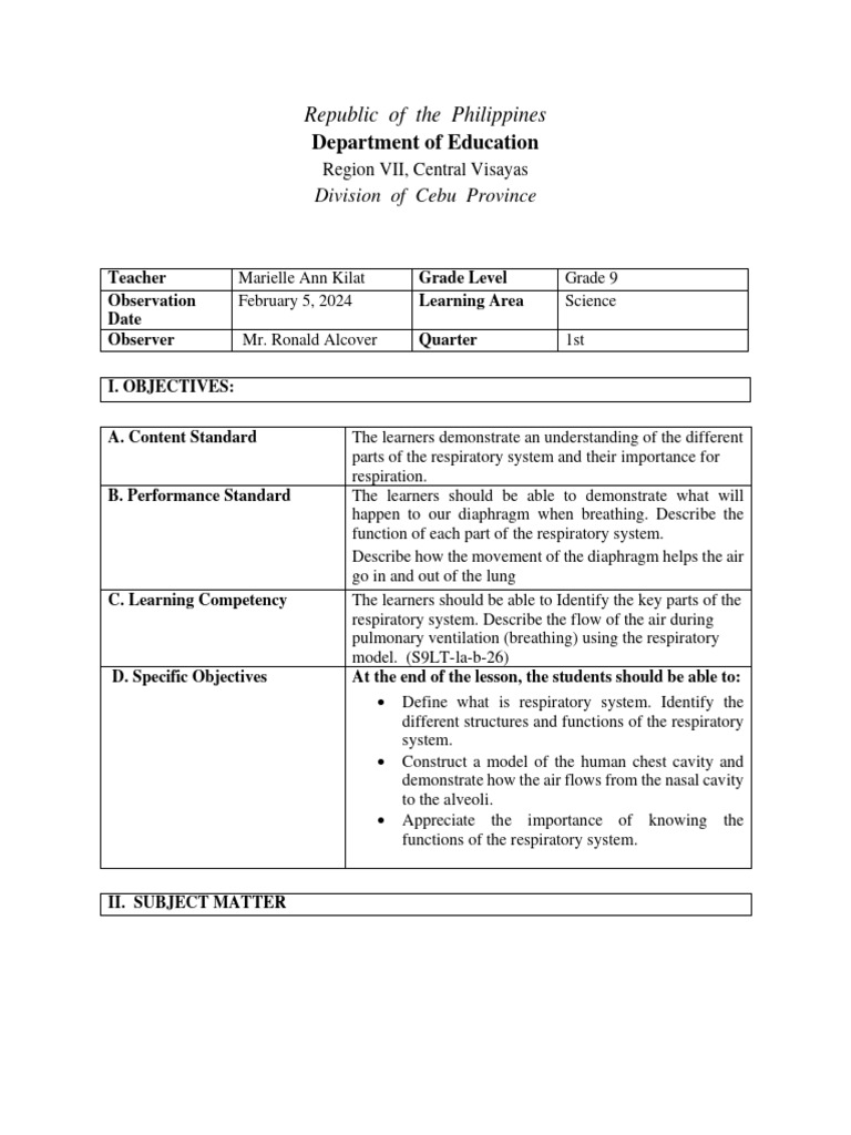 A Detailed Lesson Plan in Science 9 6as | PDF | Respiratory Tract ...