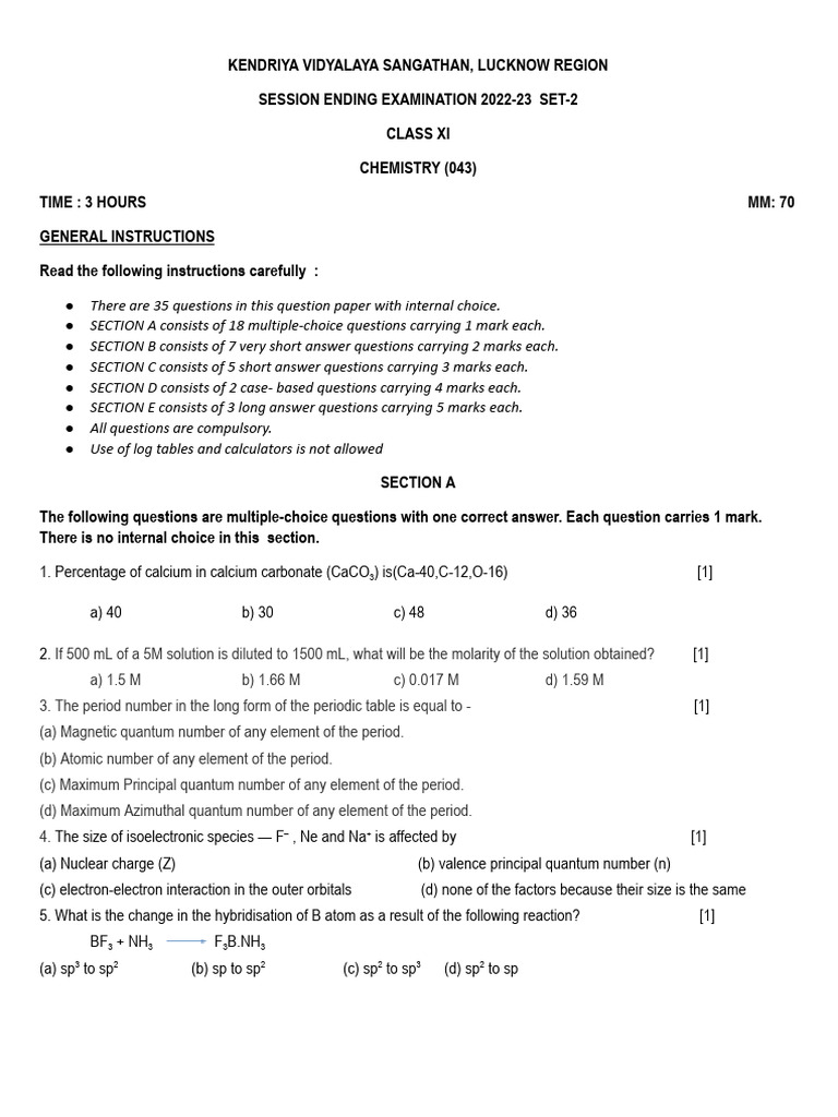 Class 11 Chemistry Sample Paper 2022-23 | PDF | Acid | Acid ...
