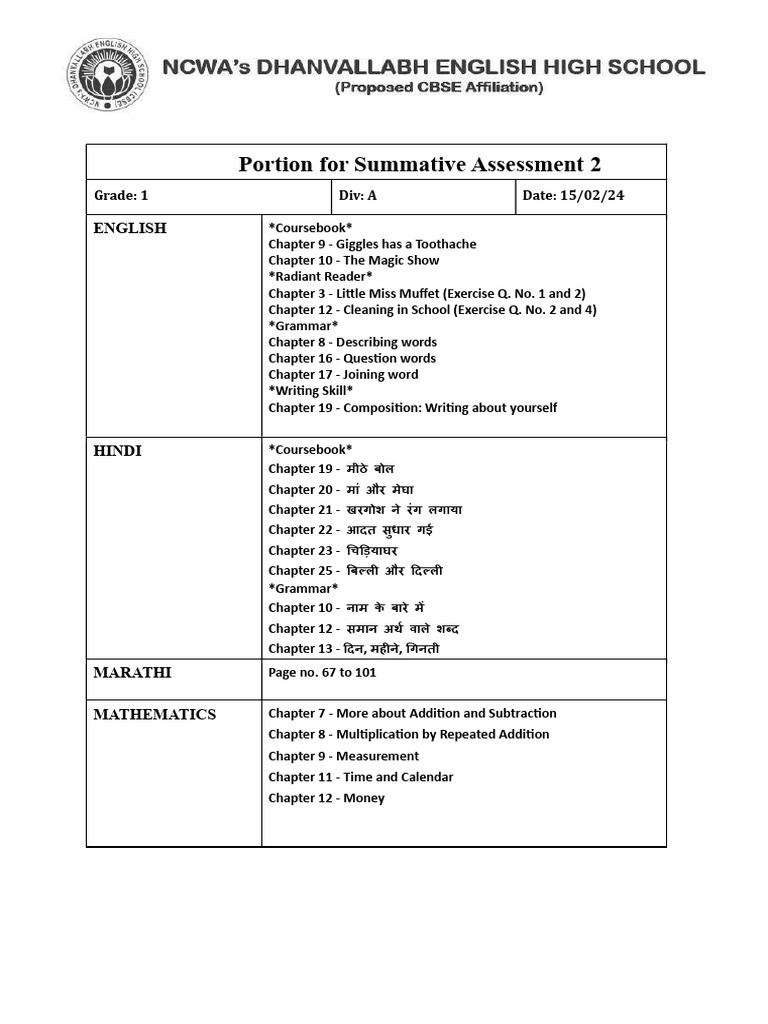 Grade 1 SA 2 Portion | PDF