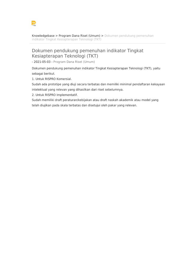 Dokumen Pendukung Pemenuhan Indikator Tingkat Kesiapterapan Teknologi TKT | PDF