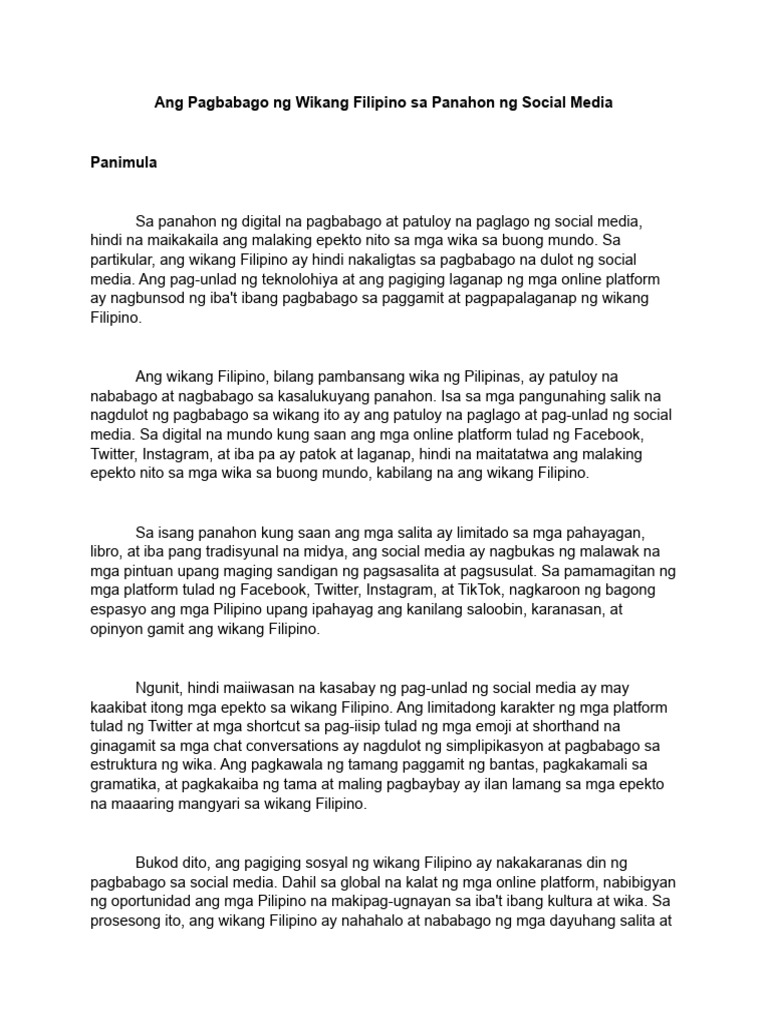 Ang Pagbabago NG Wikang Filipino Sa Panahon NG Social Media | PDF Ang Pagbabago NG Wikang Filipino Sa Panahon NG Social Media | PDF