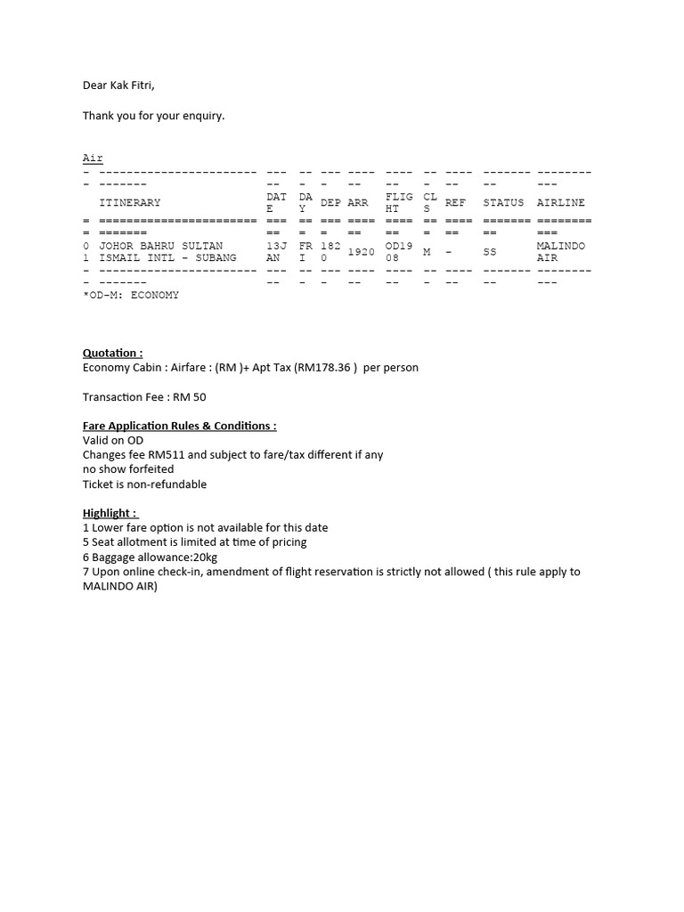 Airline Quotation | PDF | Business | Civil Aviation