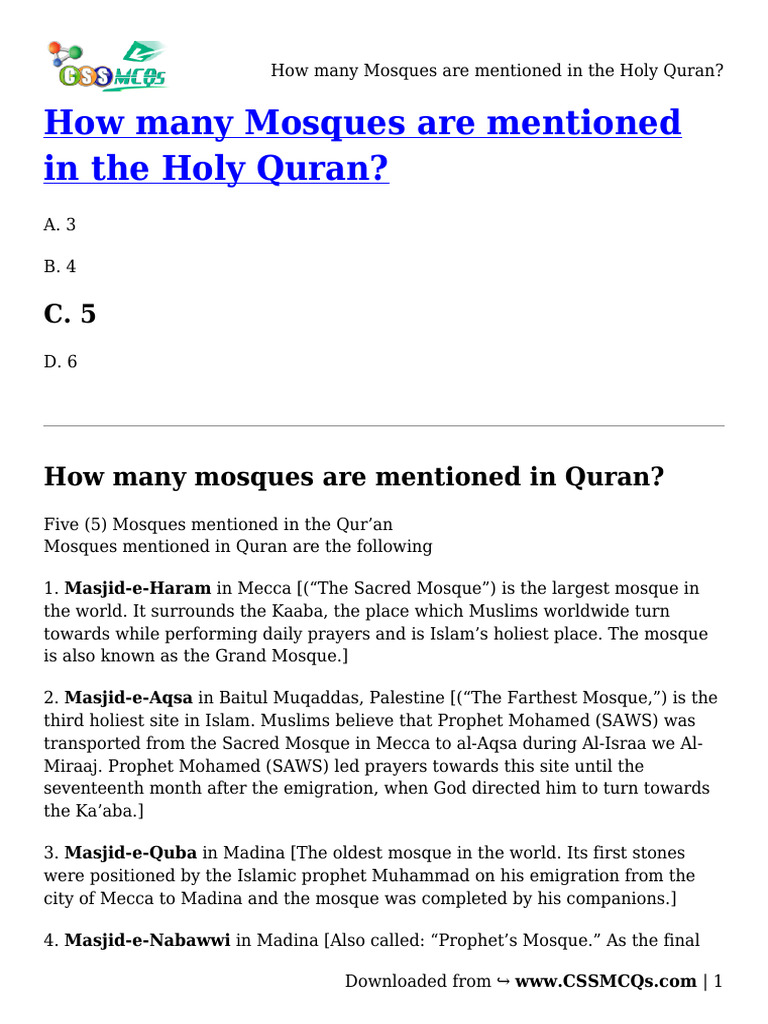 How Many Mosques Are Mentioned in The Holy Quran | PDF | Mosque | Abrahamic Religions