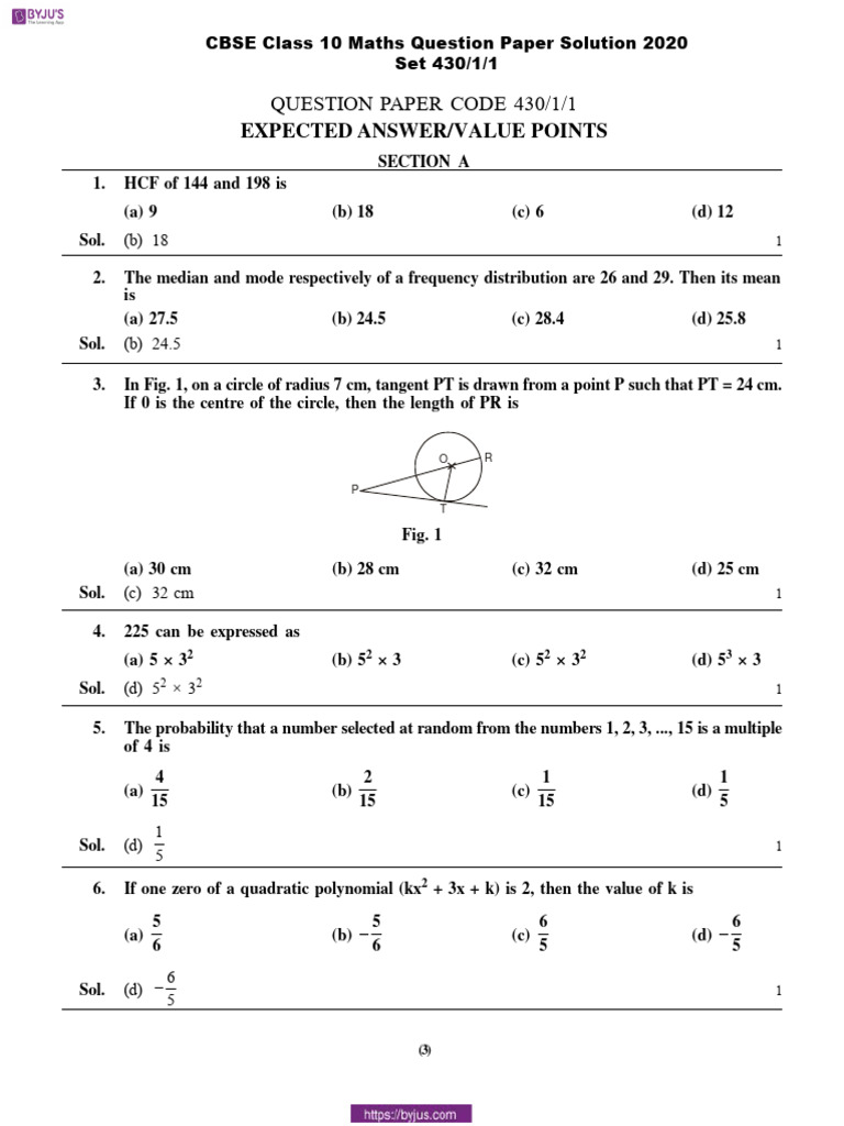CBSE Class 10 Maths Basics Question Paper Solution 2020 Set 430 1 1 ...