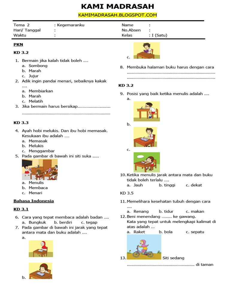 Soal PTS Kelas 1 Semester 1 Tema 2 - Kamimadrasah | PDF
